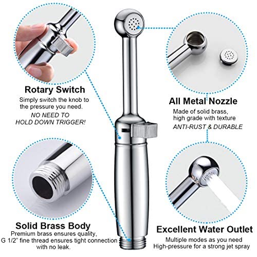 Bidet Sprayer for Toilet, Handheld Sprayer Bidet Attachment Kit with Backflow Preventer and Adjustable Water Pressure Control, SonTiy All Brass Cloth Diaper Sprayer Set, Chrome, 5 Years Warranty