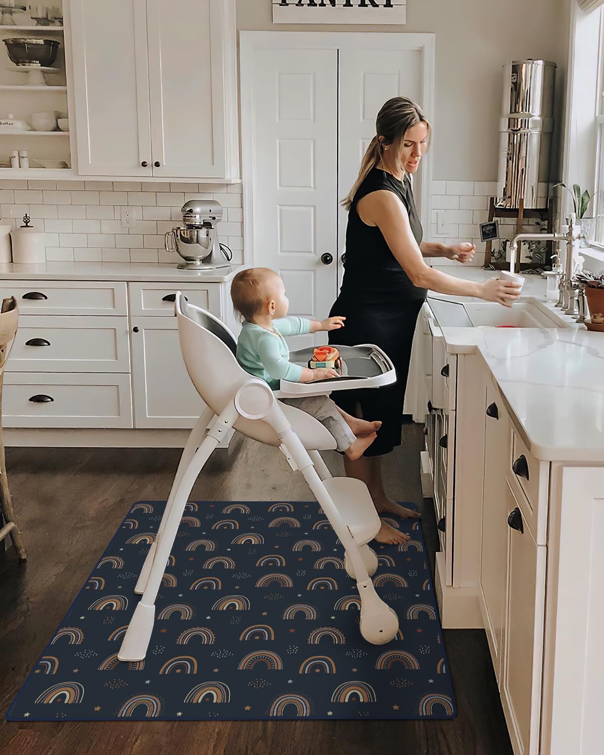 Blissful Diary Baby Splat Mat for Under High Chair, 51 x 51 Inch Splash Mat, Waterproof and Washable Spill Mat, Anti-Slip Floor Protector, Retro Rainbow