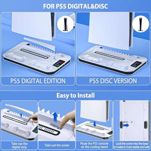 Cooling Station with Dual Controller Charging Station for PS5, Upgraded Accessories Vertical for PS5 Stand, 3-Levels Cooling Fan, 3 USB Hub and Headset Holder for Playstation 5 Disc/Digital Edition