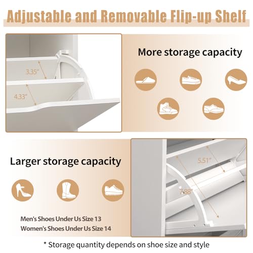 KUMIUNION Shoe Storage Cabinet with 2 Flip Drawers, Slim Freestanding Storage Racks for Entryway, Hallway, Hidden Narrow Shoe Organizers Perfect for Heels, Boots, Slippers, White