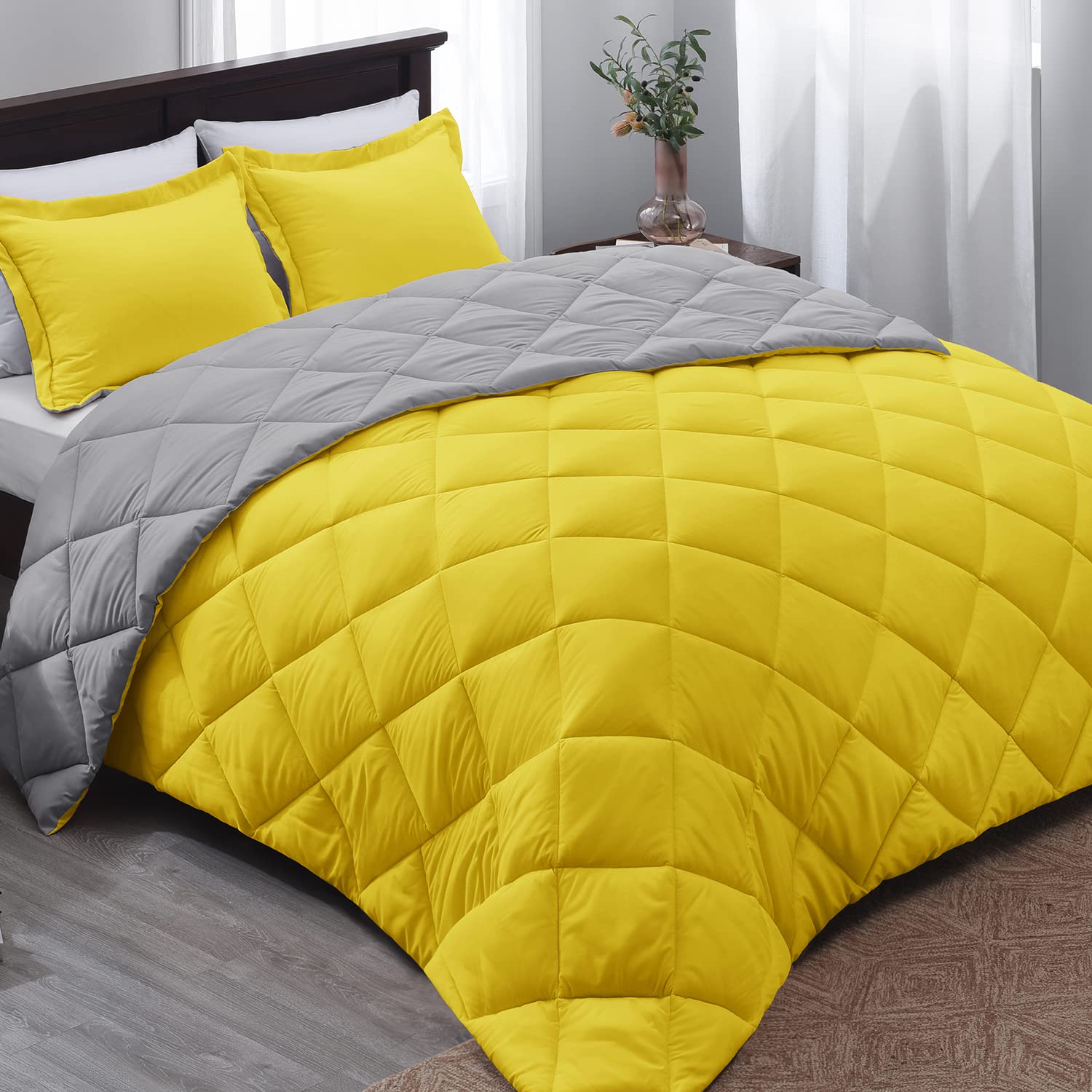 Basic Beyond King Size Comforter Set - Yellow and Gray Comforter Set King, Reversible King Bed Comforter Set for All Seasons, Yellow/Grey, 1 Comforter (104"x92") and 2 Pillow Shams (20"x36"+2")