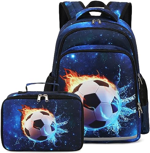 CAMTOP Soccer Backpack for Kids Boys Girls Preschool Backpacks with Lunch Box Toddle Kindergarten Football BookBag Set