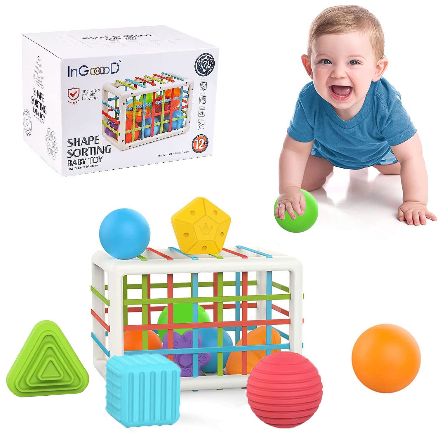 Ingooood Baby Shape Sorting Toy,Sensory Sorting Bin with Elastic Bands,Montessori Toys for 1-3 Year Old (Classic-12 Piece)
