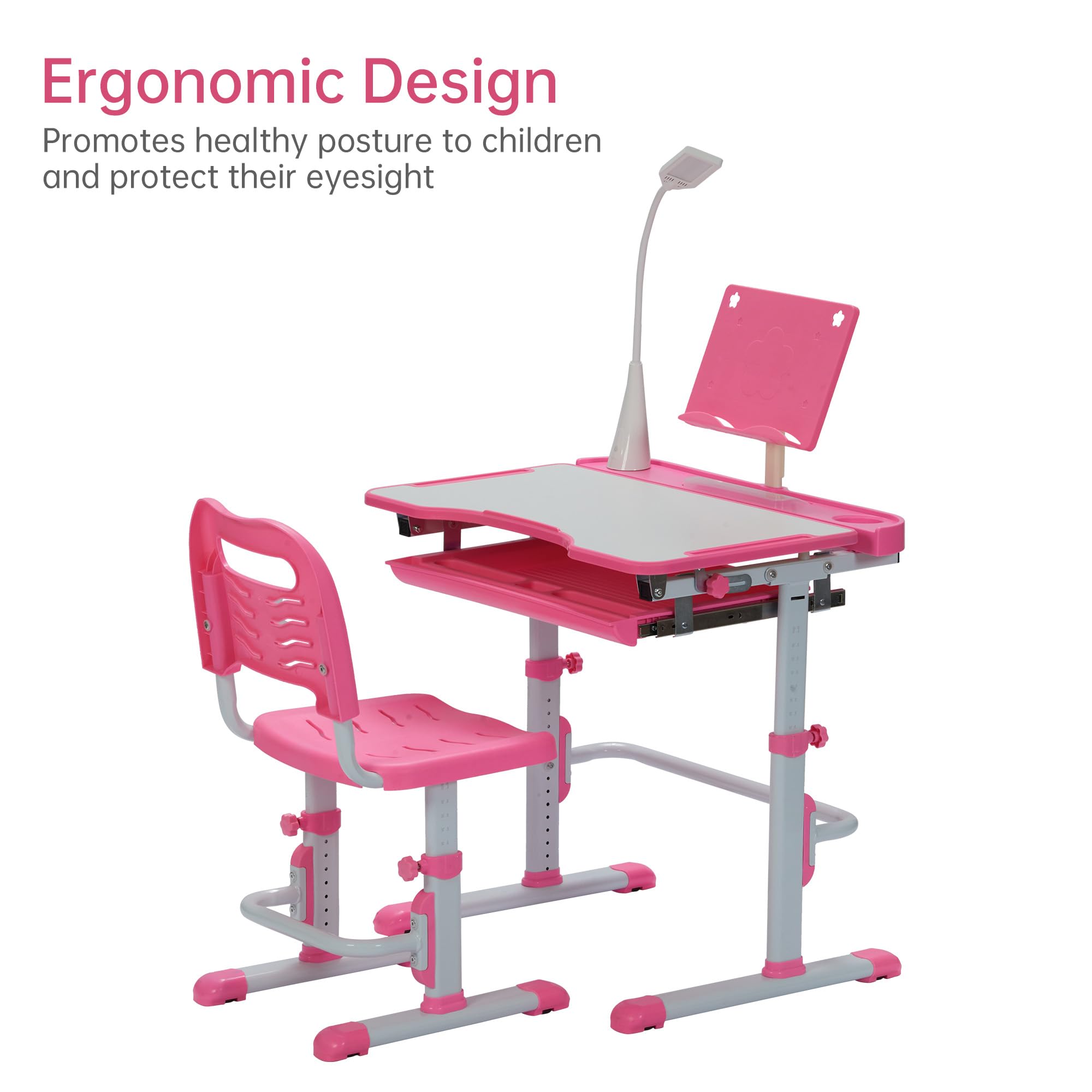 Real Relax Kids Desk and Chair Set, Height Adjustable Children's School Study Writing Tables with Tilt Desktop, LED Light, Storage Drawer, Metal Hook, Book Stand, Pink