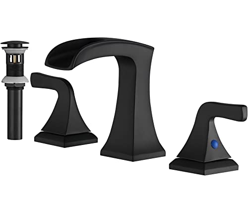 Bathfinesse 3 Hole Widespread Bathroom Faucet Two Handle 8 Inch Matte Black Bathroom Sink Faucets & Parts with Pop Up Drain Assembly Deck Mount Lacquer Vanity Stylish Modern Supply Hose Lead-Free