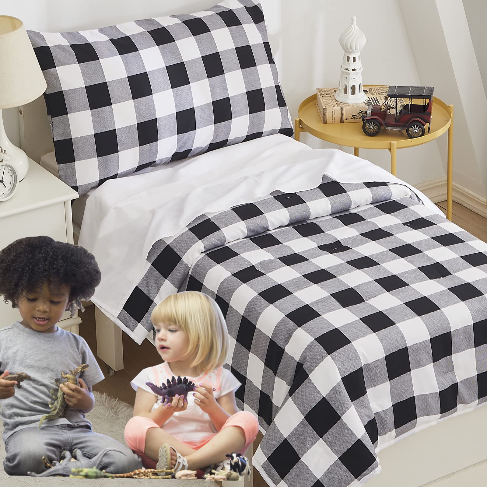 Brandrean Black and White Buffalo Check Toddler Bedding Sets for Boys or Girls, Plaid Bed-in-a-Bag Cotton Comforter Set, 4-Piece Includes Top Flat Sheet, Fitted Sheet, Comforter, Envelope Pillowcase