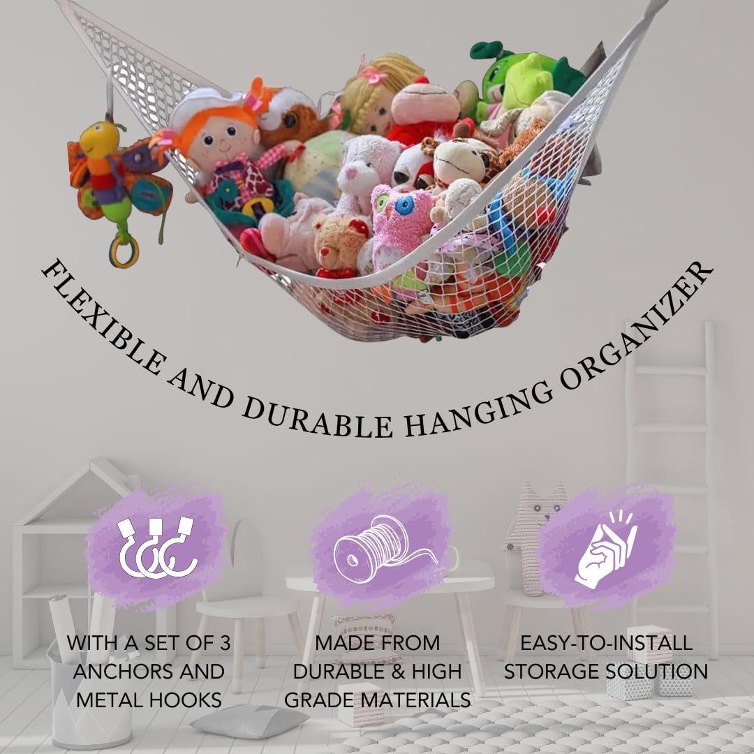 MiniOwls Toy Storage Hammock for any Room Corner. Strong and Sturdy Net for Stuffed toy Animals. Great to Keep Stuffies of the Kid's Bed. (White, X-large (Pack of 1))