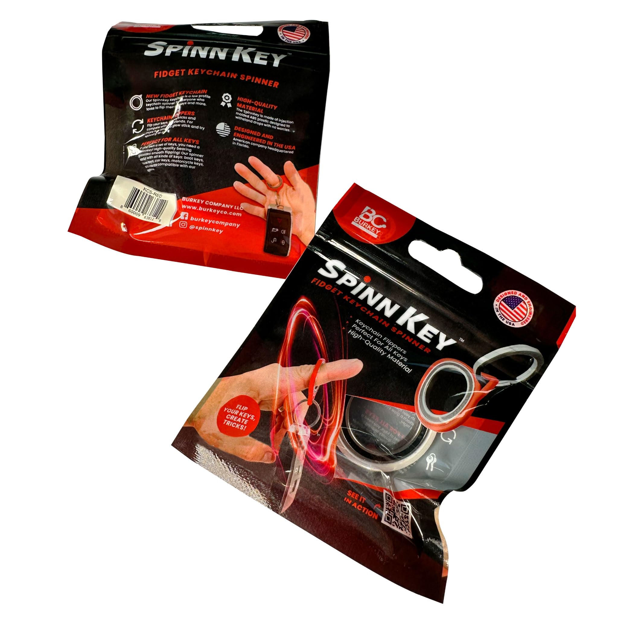 BurkeyCo SpinnKey - Fidget Keychain Spinner, Car Key Flipping Ring, Karambit - Red