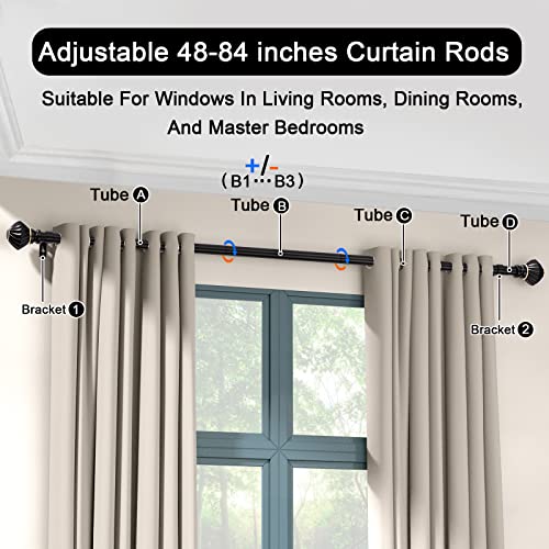 Box Space Curtain Rods for Windows 48 to 84 inches, 1 inch Diameter Adjustable Length Black Curtain Rod for Bedroom Living Room Decorative Curtain Rod Set with Brackets