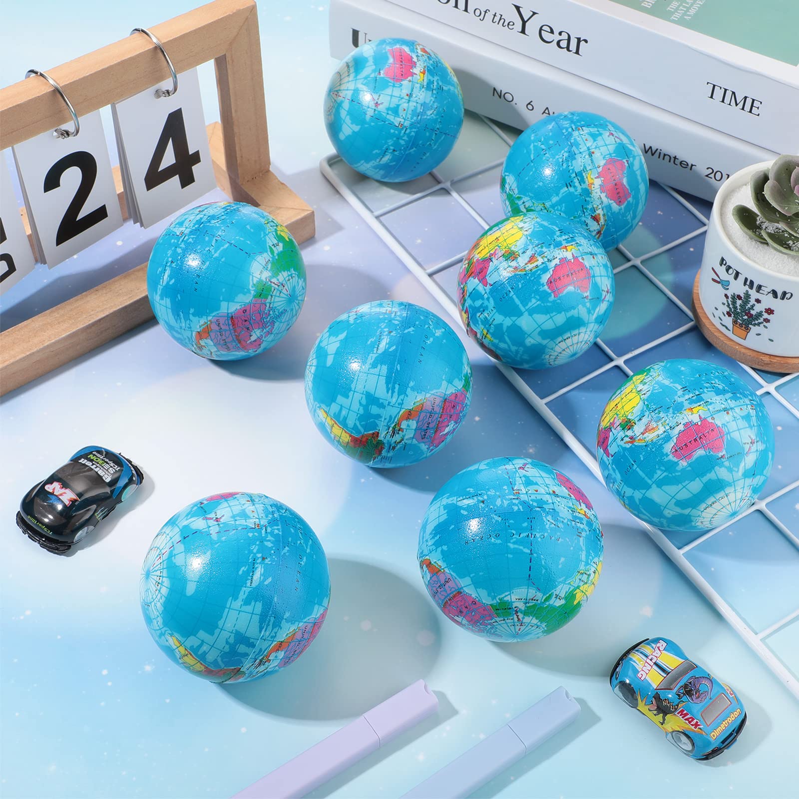 BBTO 24 Pack World Stress Balls Mini Globe Ball Earth Stress Relief Balls 3 Inch Stress Balls for Adults Teens Finger Exercise, Globe Pattern Educational Stress Balls, Party Favors, Carnival Rewards