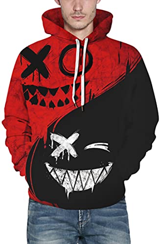 Chaos World Men's Novelty Hoodie Long Sleeves 3D Funny Graphic Print Sweatshirt Pullover(X-Large,Black Red)