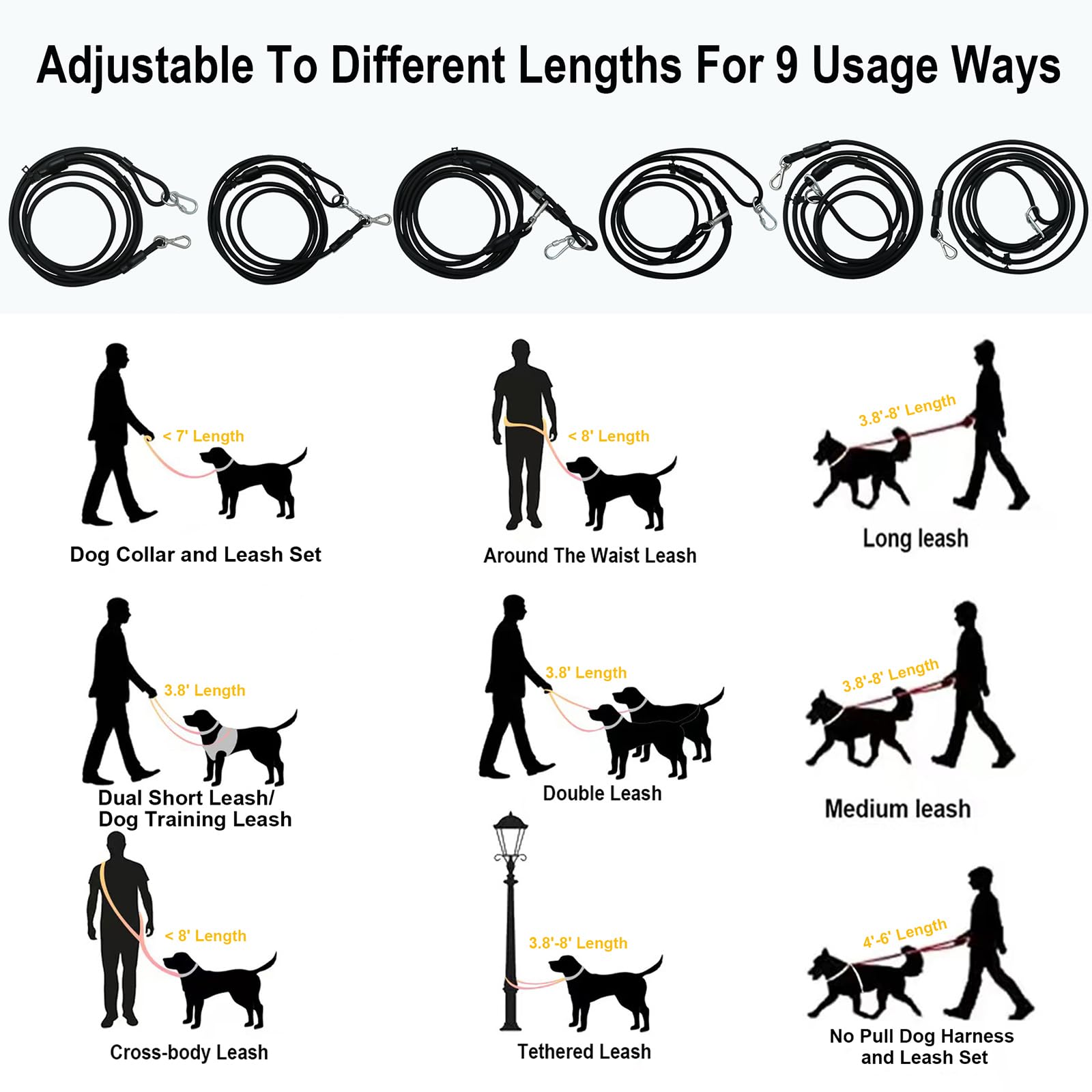 Tiesenci Hands Free Dog Leash Crossbody 8' 9-in-1 Waist Leash for Dog Walking Adjustable Waterproof Dog Leash for Swimming Running No Pull Dog Harness and Leash Set (Large, 20-120 lbs, Matte Black)