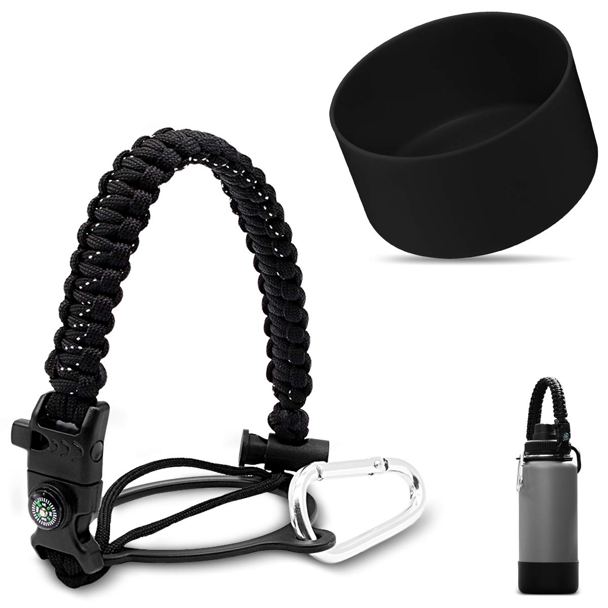 Affute Paracord Handle for Hydroflask Wide Mouth Bottles, with Safety Ring and Carabiner, Plus one Protective Silicone Sleeve, Best Value Set (32-40oz, Black)