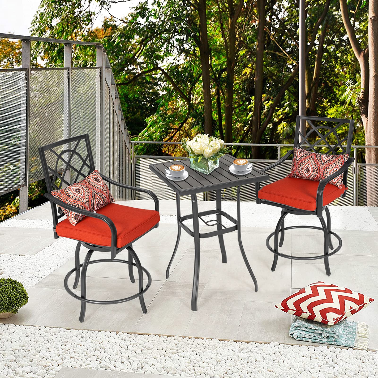 Patiomore Patio Swivel Bar Stools, Outdoor Bar Height Bistro Chairs Set of 2, Metal Iron Frame with Seat Cushions, Red