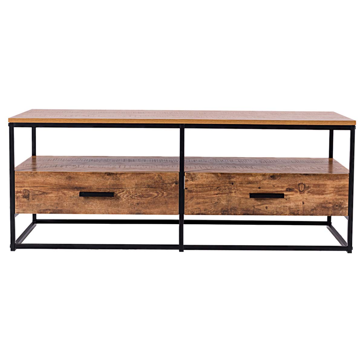 Giantex Coffee Table Two Tiers W/Drawers Storage Metal Solid Frame, Natural Wood Decorative Line Pattern, for Living Room Bedroom Accent Cocktail Sofa Side Table