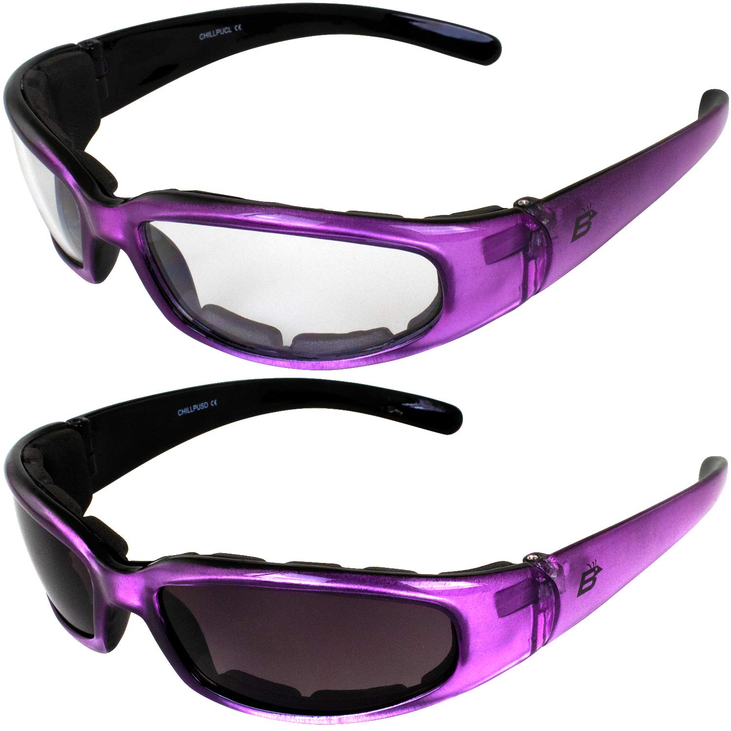 Birdz Eyewear Chill Women's Motorcycle Sunglasses Padded 2 Pairs Purple Frames Clear & Super Dark Lenses