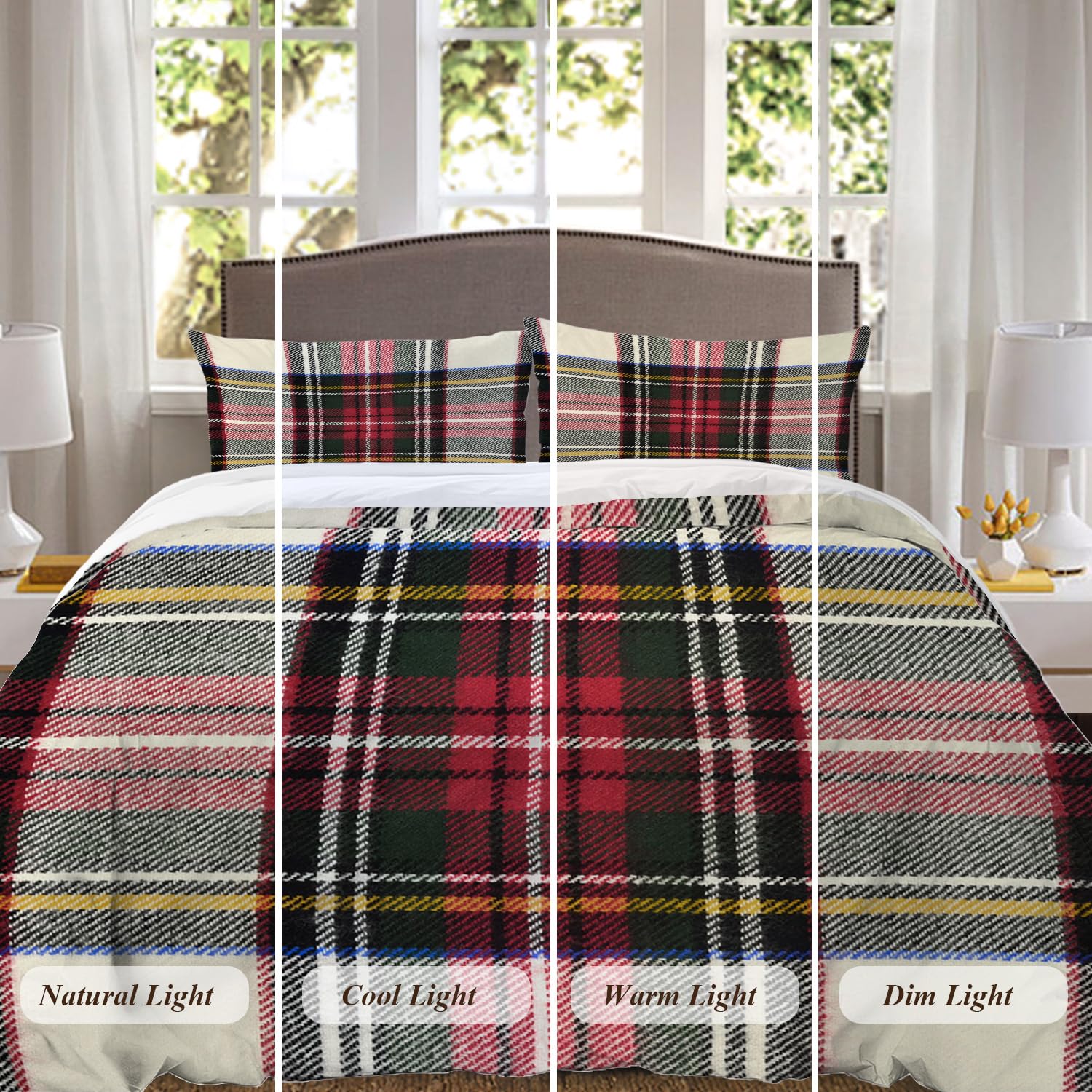 Shrahala Scottish Tartan Duvet Cover Set Queen Size, Green Wool Plaid Symmetric Square Fashion 3 Pieces Soft Brushed Duvet Covers with Button Closure (No Comforter)