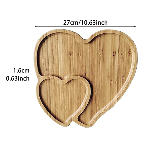 Bamboo Serving Tray Heart Shaped Cheese Board Salad Plate Double Dinner Plate Cake Plate Universal Serving Platter Appetizer Plate for Snack Candy Food Fruit Vegetables Home Party Entertaining Decor
