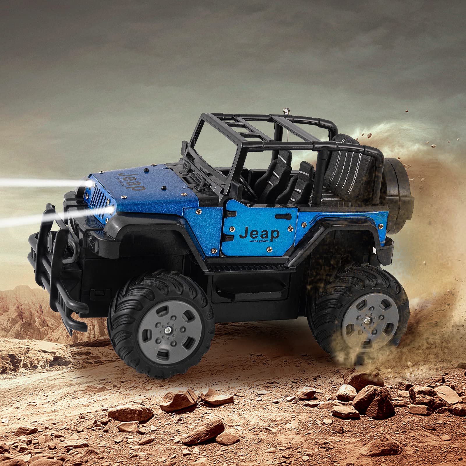 bibisash 1:20 Scale Remote Control Car, Non-Slip Off-Road Toy Car with Friction Powered Wheels & Openable Doors, RC Jeep Toy for Kids & Children (Blue