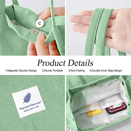Corduroy Tote Bags for Women Girls, Large Capacity Reusable Grocery Shoulder Bag with Inner Pockets (Bean)…, Green