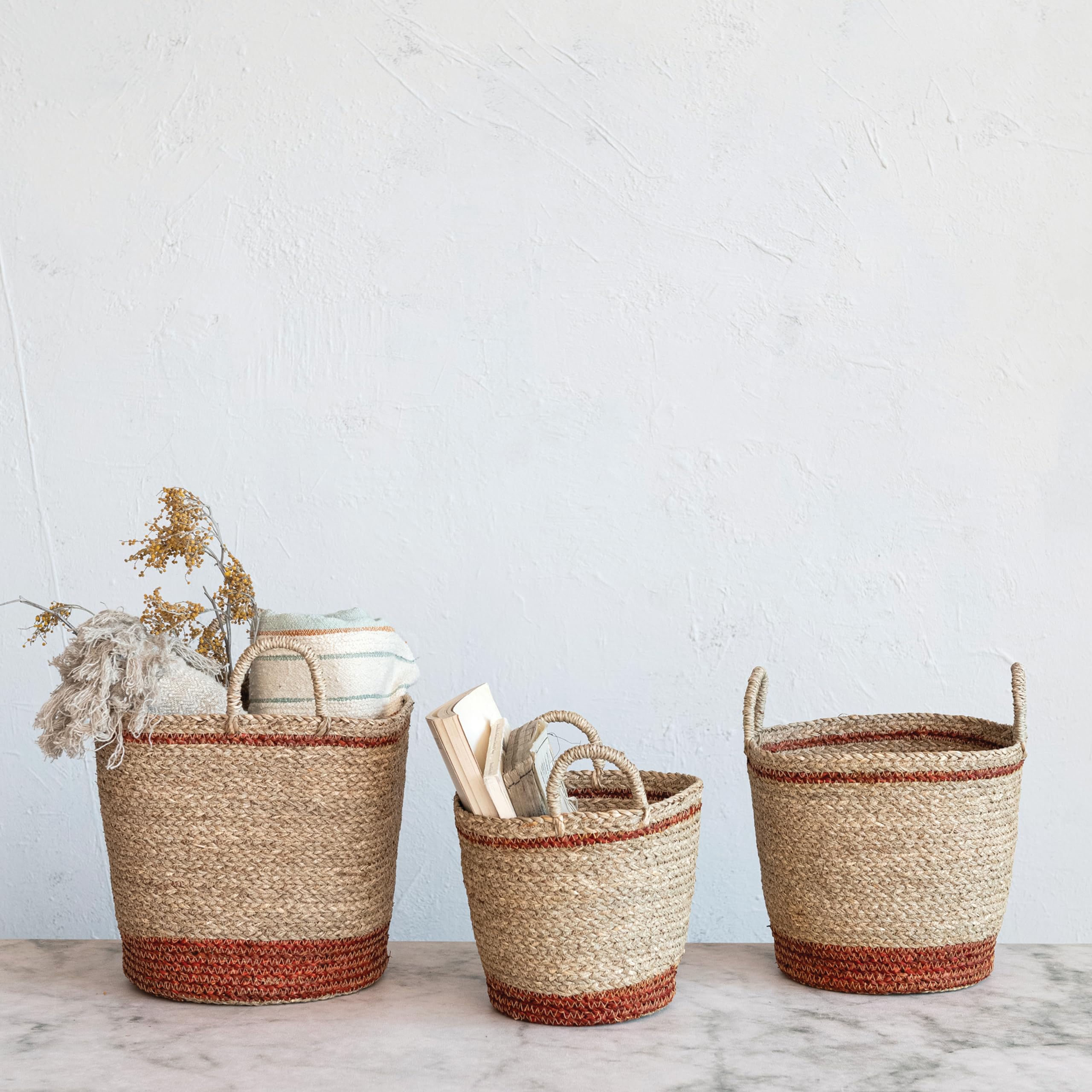 Creative Co-Op Woven Seagrass Baskets with Stripes and Handles, Natural and Brown, Set of 3
