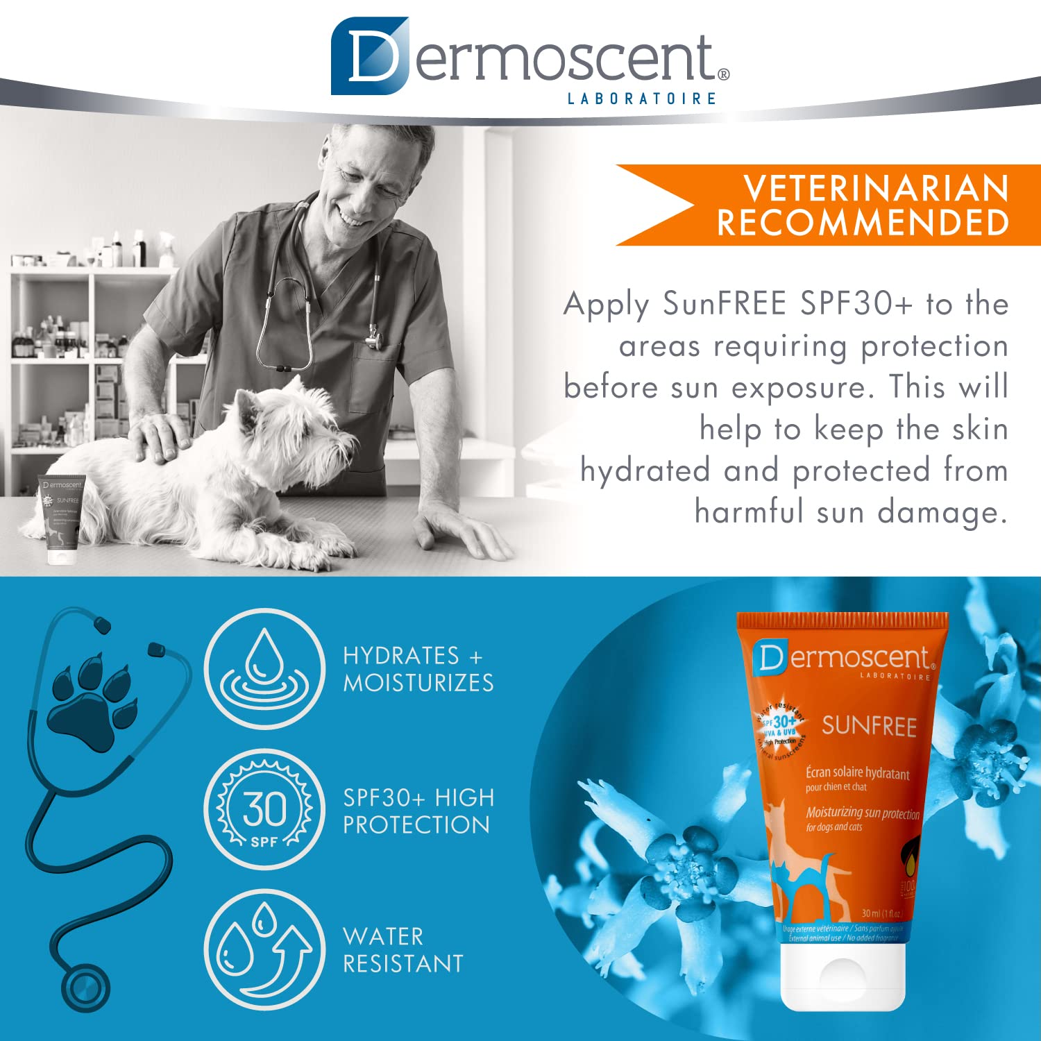 Dermoscent SunFREE SPF30+ Cat & Dog Sunscreen - Safe & Natural Mineral Sunscreen Moisturizing Sun Protection - 30 Ml / 1 Fl. Oz.