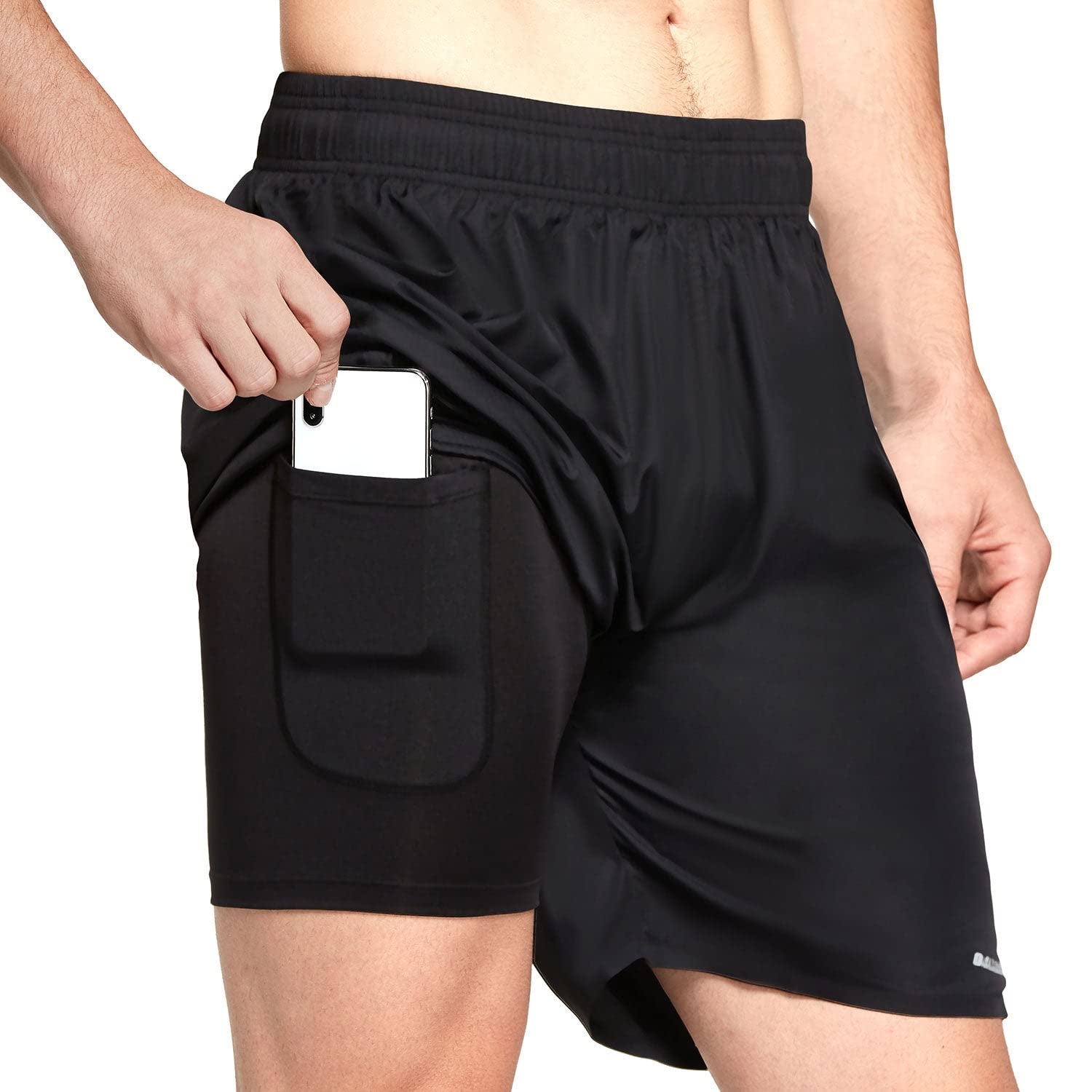 BALEAF Men's 7 Inches 2 in 1 Running Workout Shorts Quick Dry Lightweight Athletic Shorts Liner Back Phone Pocket Black L