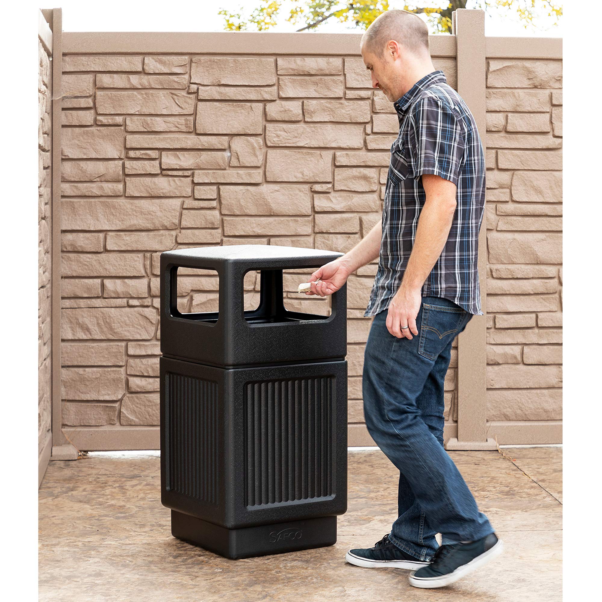 Safco Products Canmeleon Outdoor/Indoor Recessed Panel Trash/Garbage Can 9476BL; Black; Decorative Fluted Panels; 38-Gallon Capacity