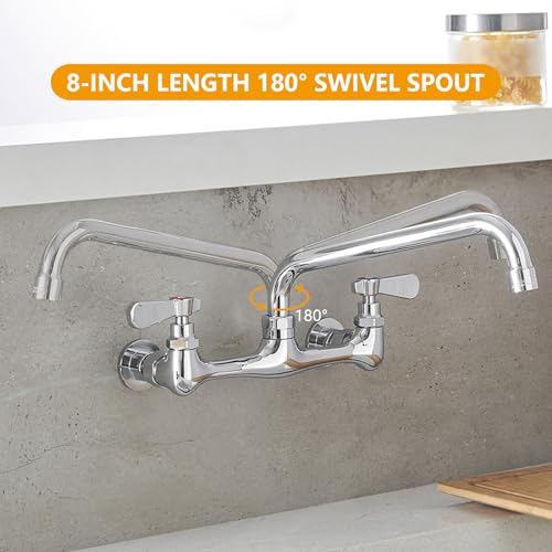 BATHLAVISH Wall Mount Kitchen Sink Faucet 8β Commercial Center Double Handle Bar Laundry Utility Swivel Spout Chrome Mixer Tap