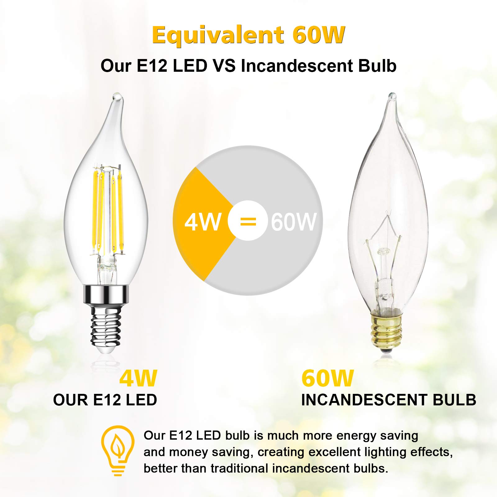 Ascher E12 Candelabra LED Light Bulb, 60 Watt Equivalent, 550 Lumens, Daylight White 5000K, Flame Tip Decorative LED Filament Candle Bulb, E12 Base, Non-Dimmable, Pack of 6