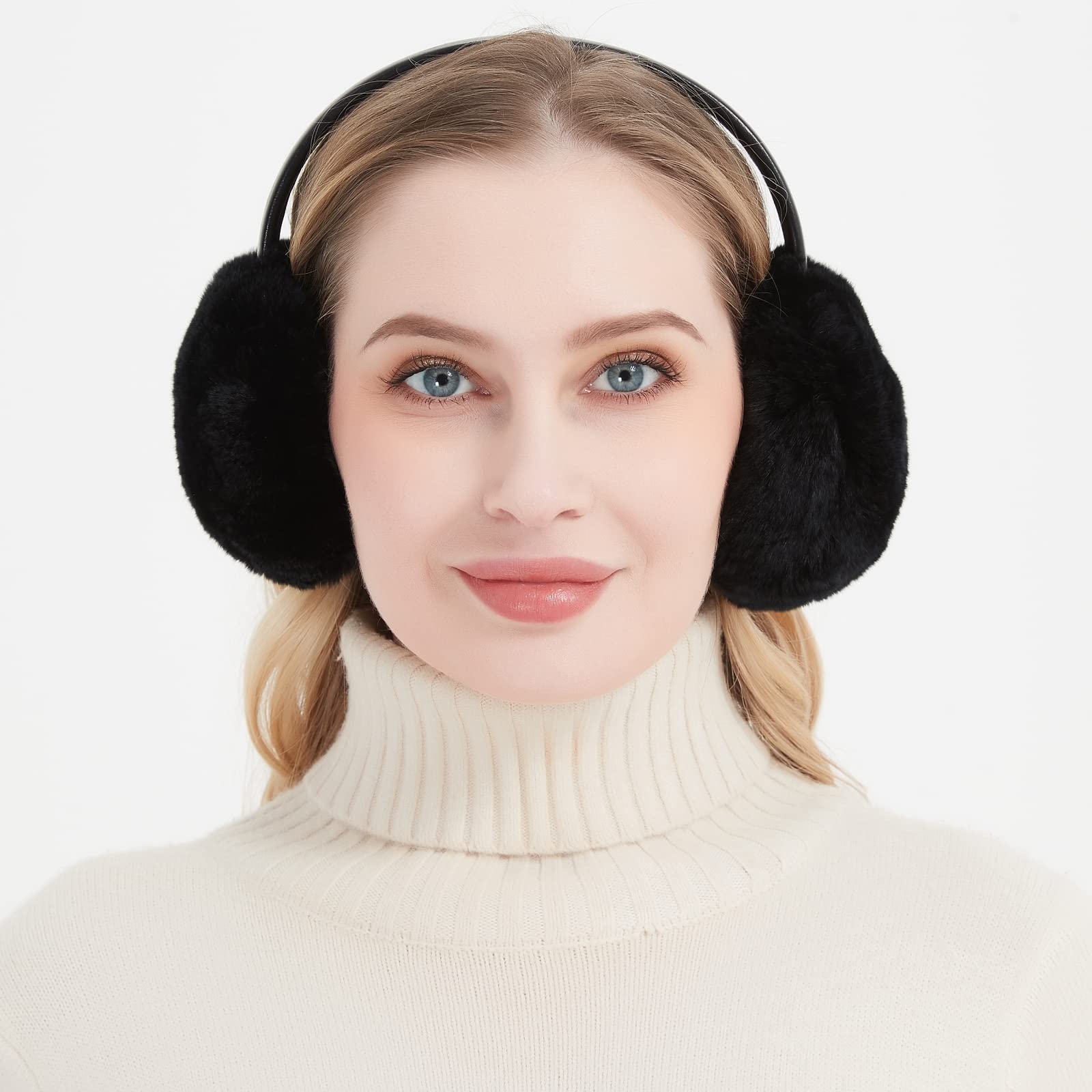 Bibury Real Rex Rabbit Fur Earmuffs with Leather Band, Winter Ear Muffs , Cold Weather Head Warmer (Black)
