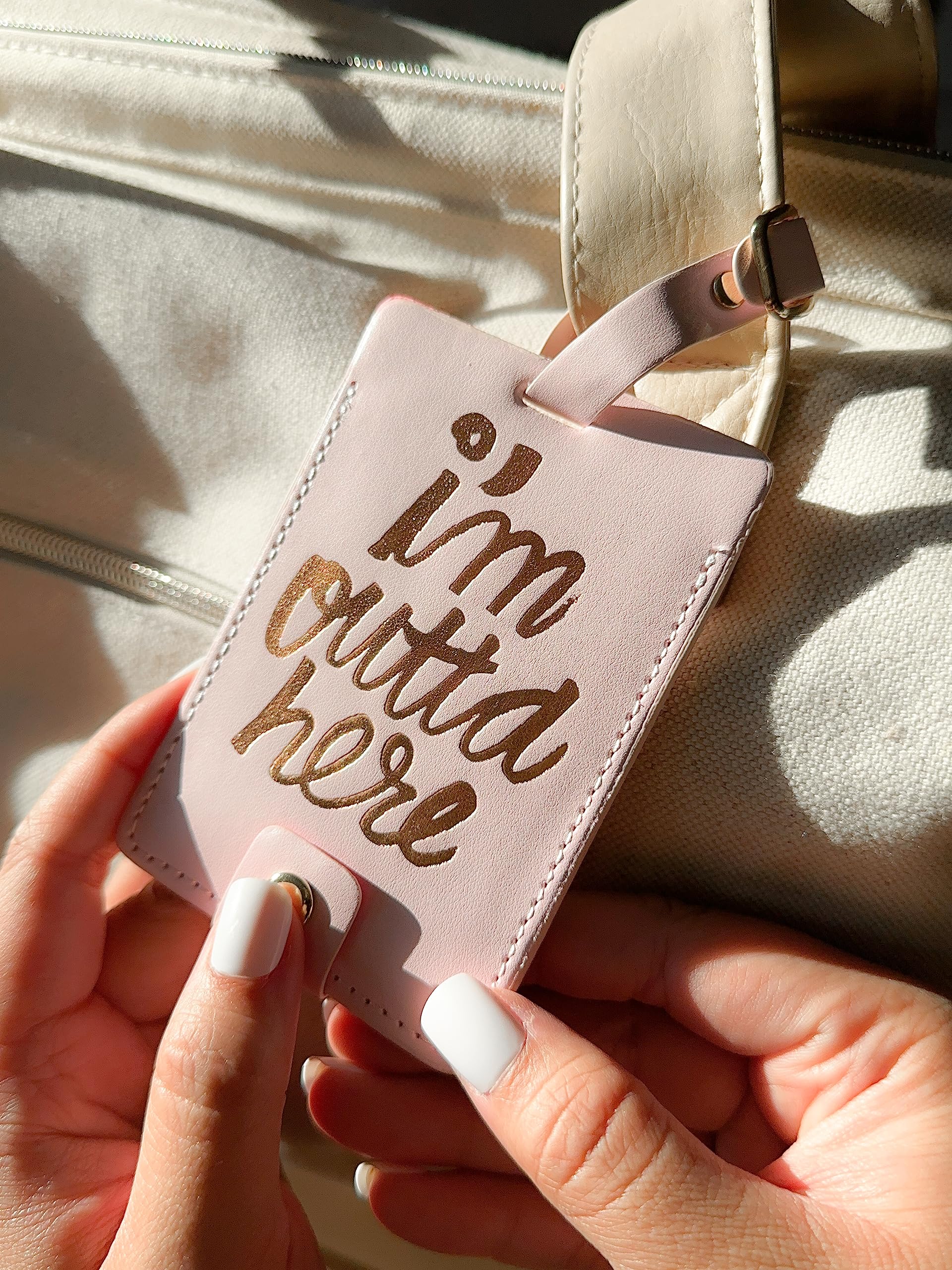 Ban.do Getaway Suitcase Tag for Travel, Pink Durable Vegan Leather Luggage Identifier, I'm Outta Here