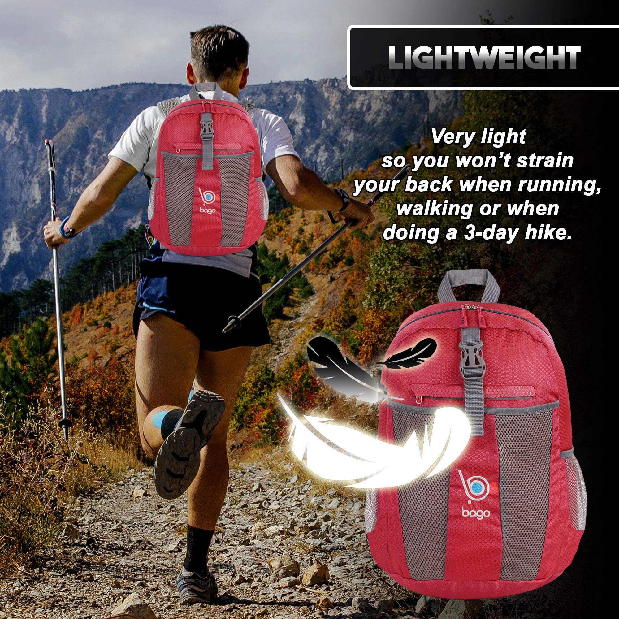 bago Lightweight Small Hiking Backpack for Women and Men - 25L Travel Day Pack - Foldable Hiking Daypack Ultralight for Camping Outdoor Sports - Day Bag Packable Backpack for Travel (Red)