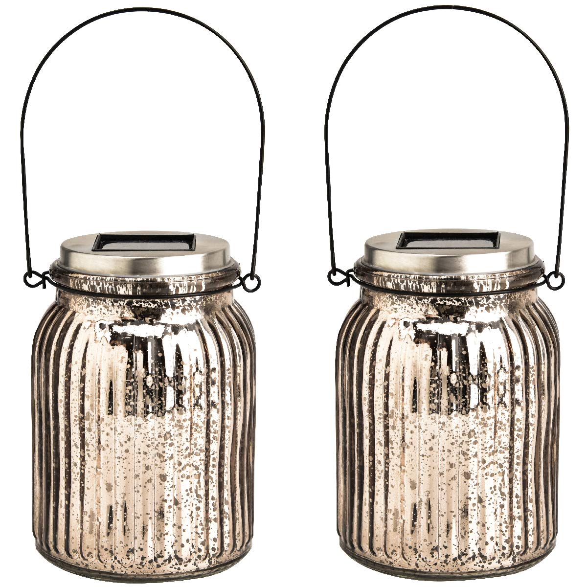 GIGALUMI Solar Powered Mercury Glass Mason Jar Lights, 2 Pack Hanging Solar Laterns Table Lights for Garden, Patio, Backyard.(Ideal Gift)
