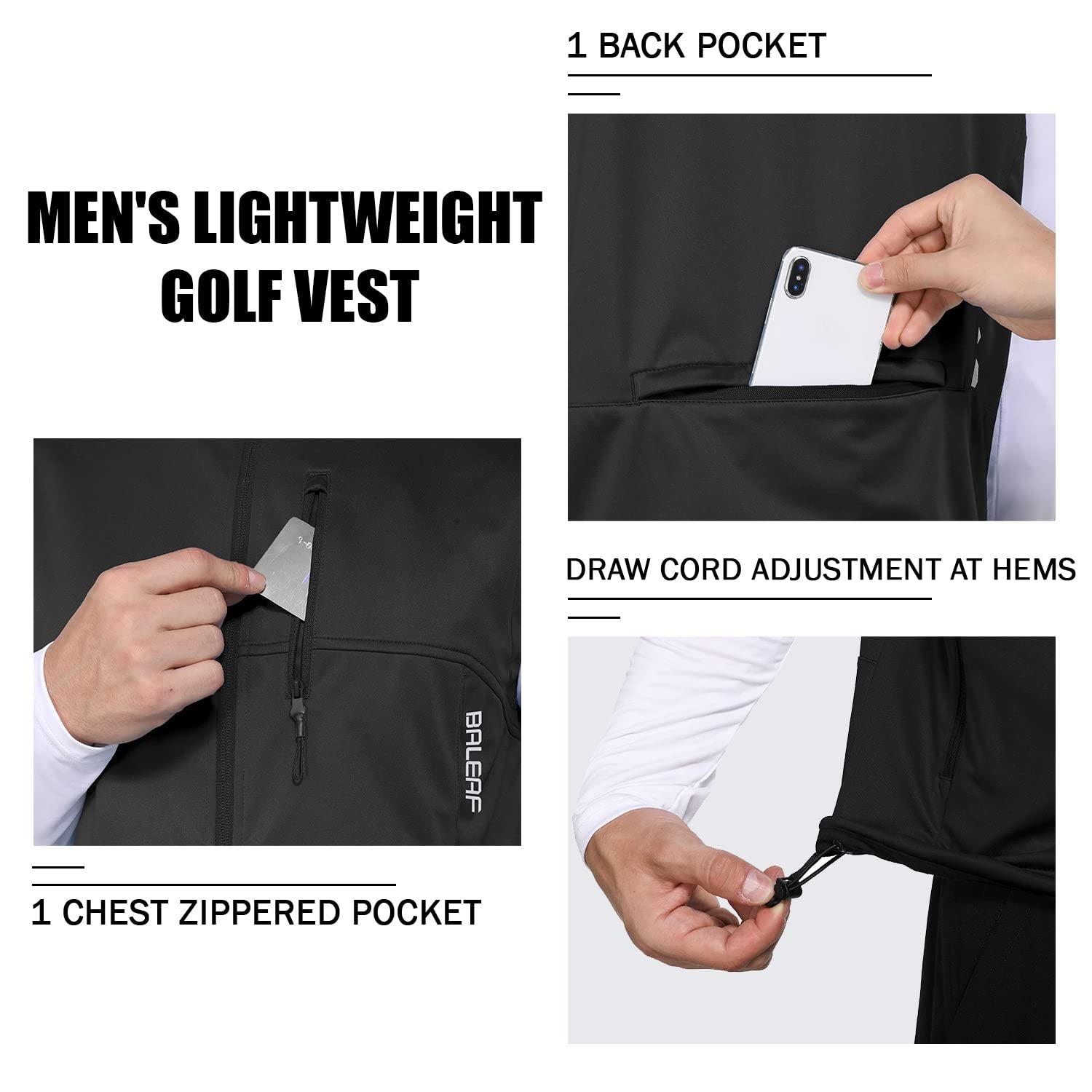 BALEAF Men's Lightweight Golf Vest Sleeveless Softshell Jacket Windproof Outerwear Vest for Travel Running Hiking Black Size M