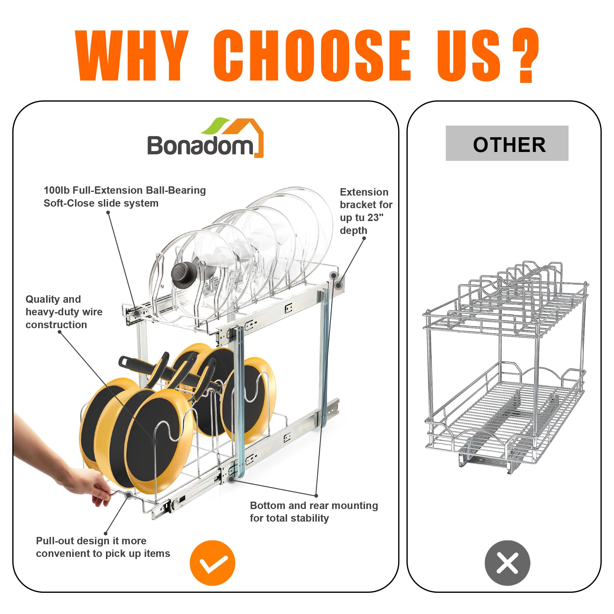 BONADOM Pans and Pots Lid Kitchen Slide Out Pull Cabinet Organizer for Lid Cookware Cutting Board Bakeware Shelf Sliding Wire Rack-2 Tier Heavy Duty Under Sink 11”W x 21”D x 19.09”H