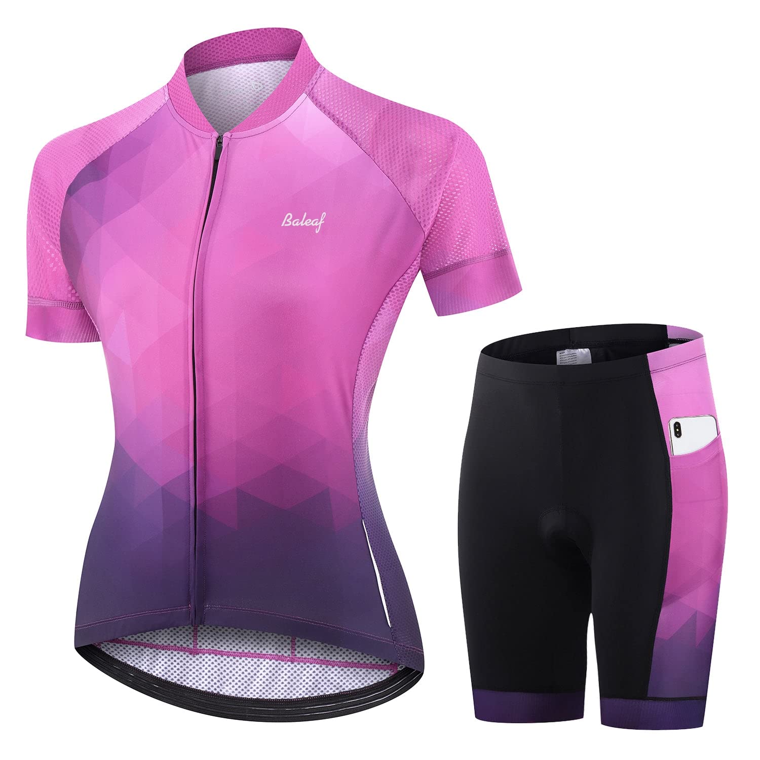 BALEAF Women's Cycling Jersey Set Short Sleeve with 3D Padded Bike Shorts Breathable Shirt Pockets Purple Size M