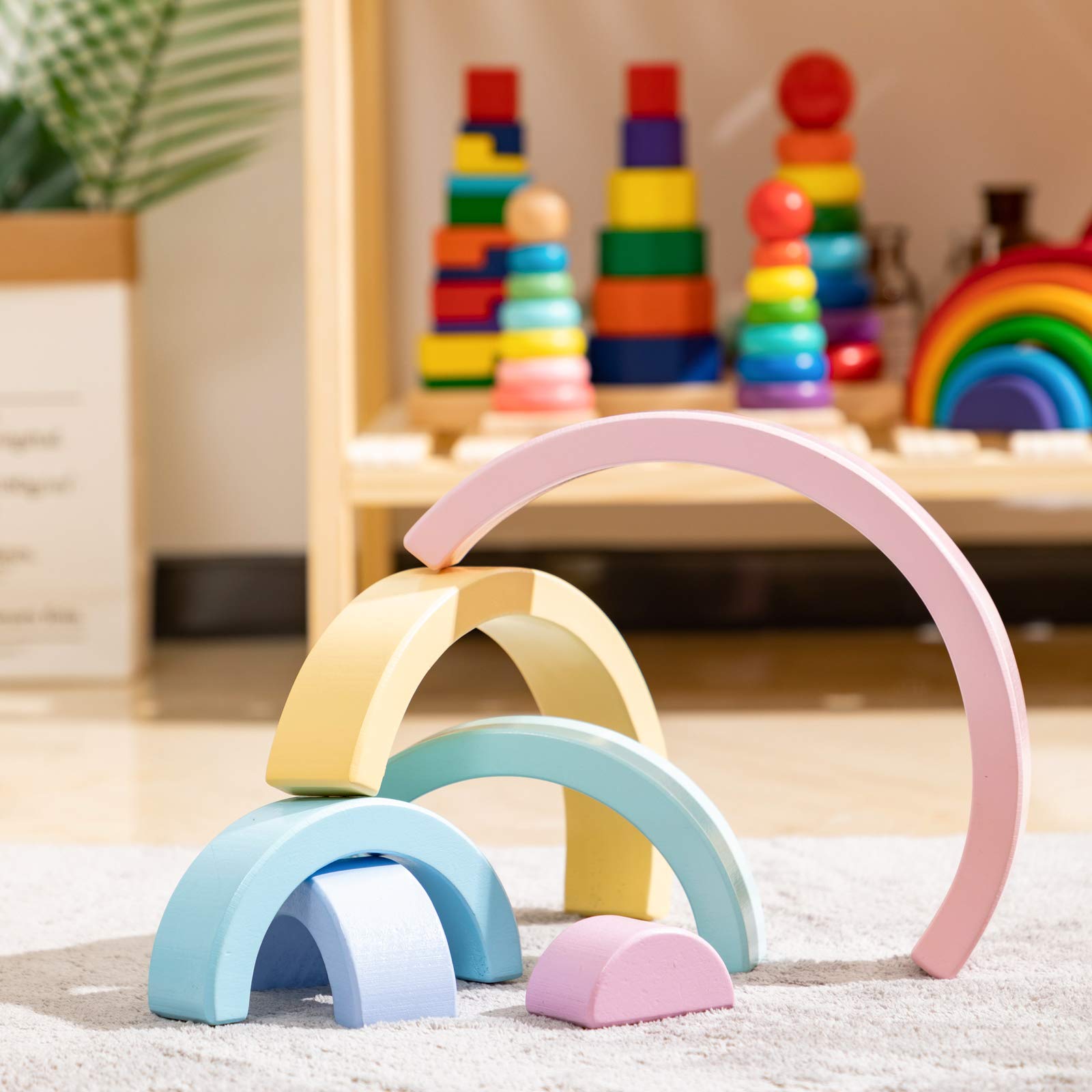 MERRYHEART Wooden Rainbow Small Stacker, 6 Piece Rainbow Stacking Toy for Baby/Toddlers/Kids, Montessori Education Pastel Rainbow Decor, Kindergarten Teaching Aid