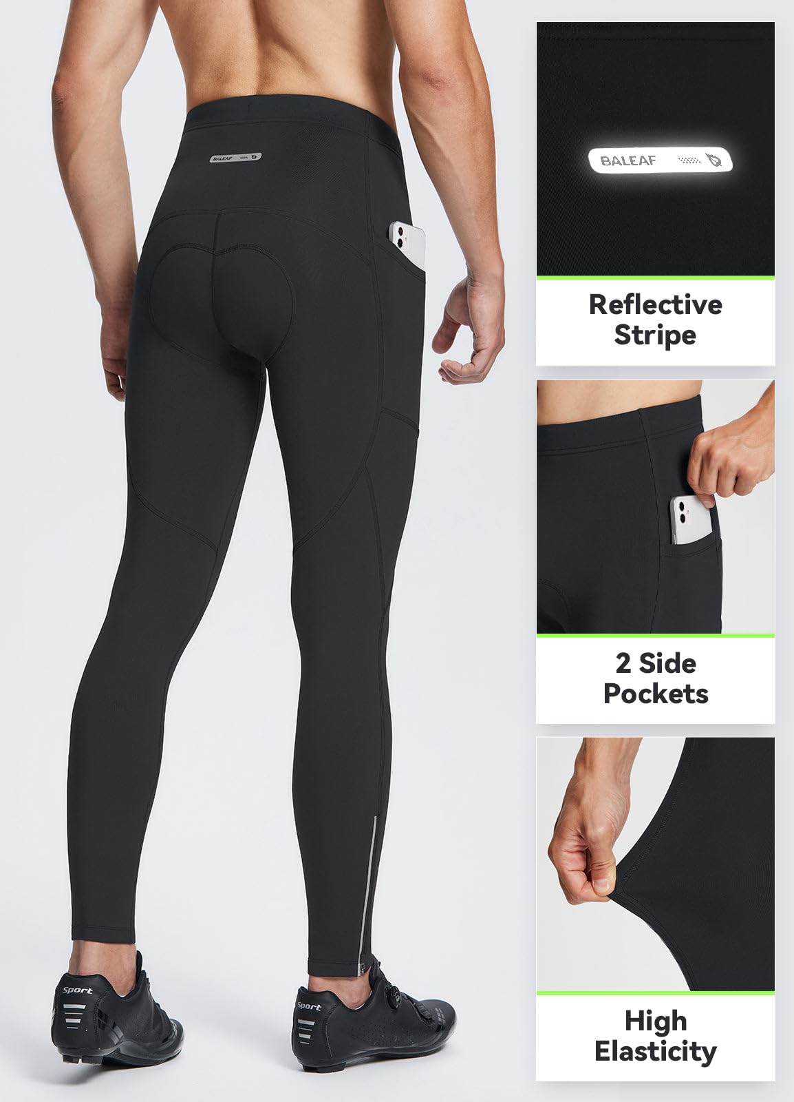 BALEAF Men's Thermal Cycling Pants, 4D Padded Winter Bike Tights Fleece Lined Bicyble Riding Leggings Black L