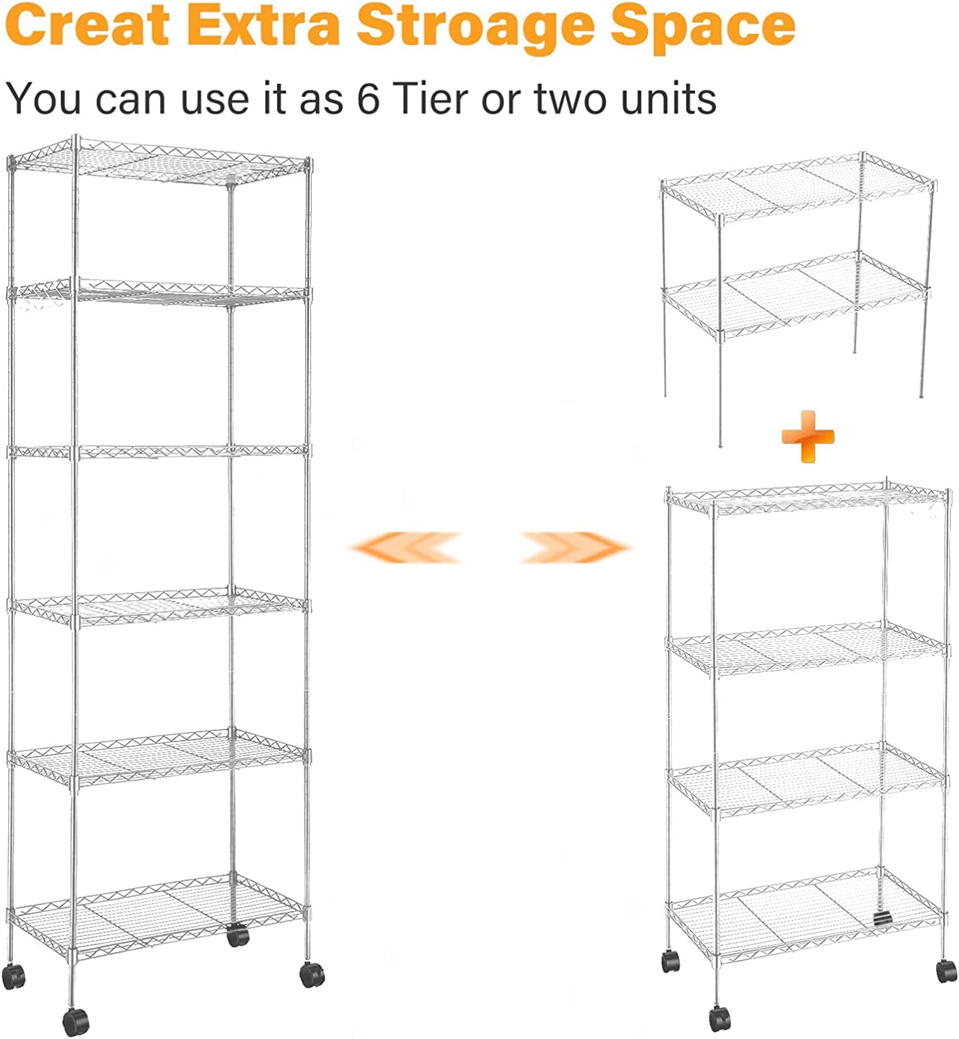 Devo Shelves for Storage, Metal Storage Shelves, Pantry Shelves, Bathroom Shelves, Height Adjustable Shelf Organizer for Kitchen Storage, Home Organization (21" L * 11" W * 63" H)