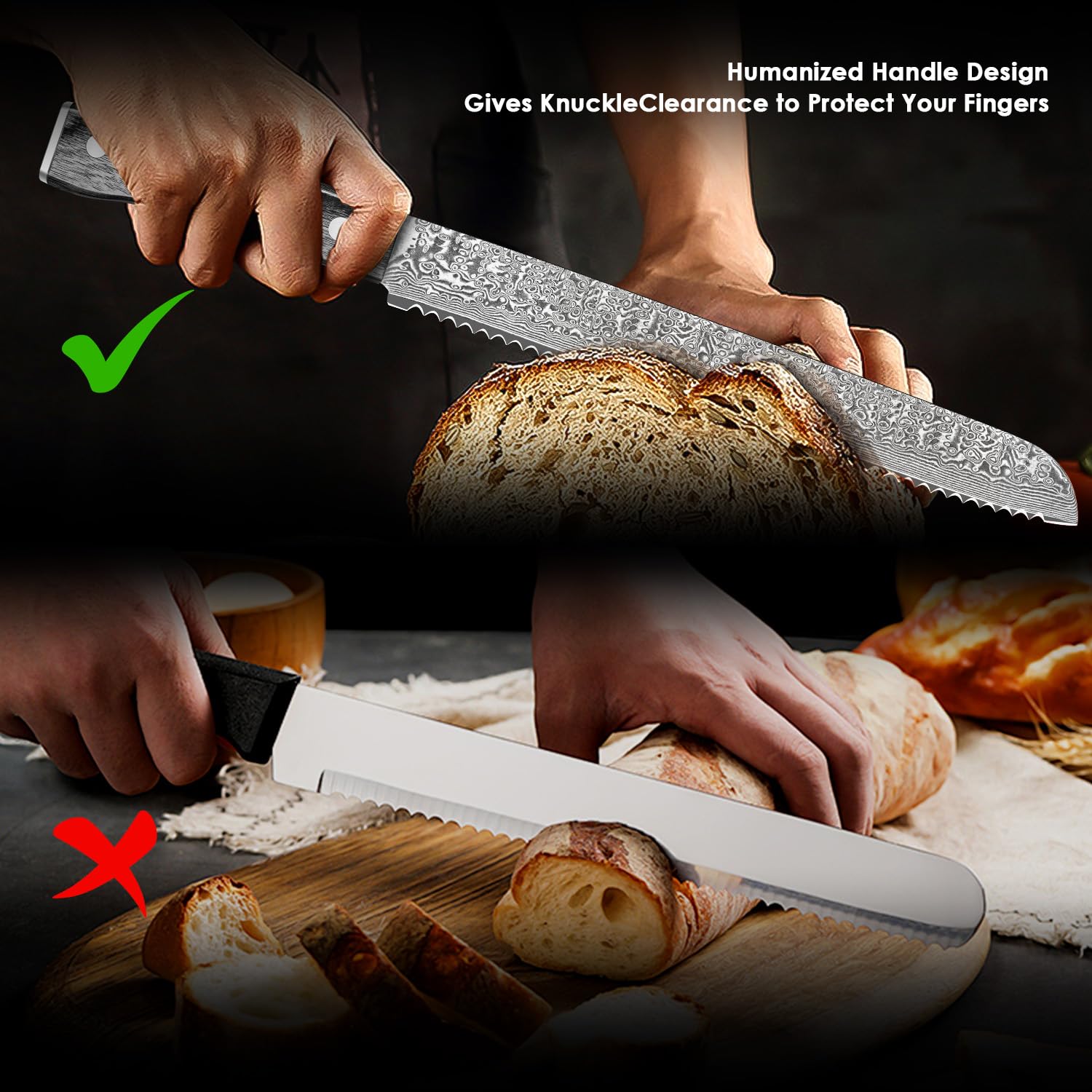 Bread Knife, 10inch Multifunction Serrated Knife, VG10 Damascus Steel Bread Cutting Knife for Homemade Bread, Razor Sharp Edge for Efficient Slicing Sourdough Bread, Bagels, Cake