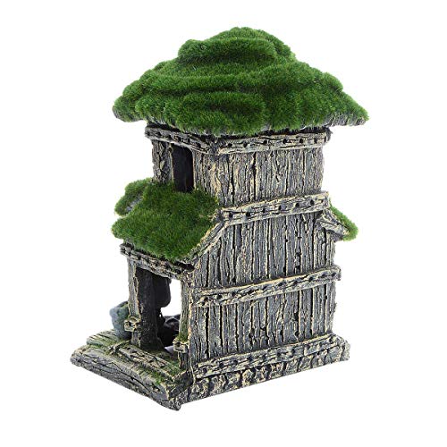 Saim Aquarium Decorations Fish Hideout Ancient Lovely Little House Betta Cave with Green Lifelike Moss Fish Tank Accessories