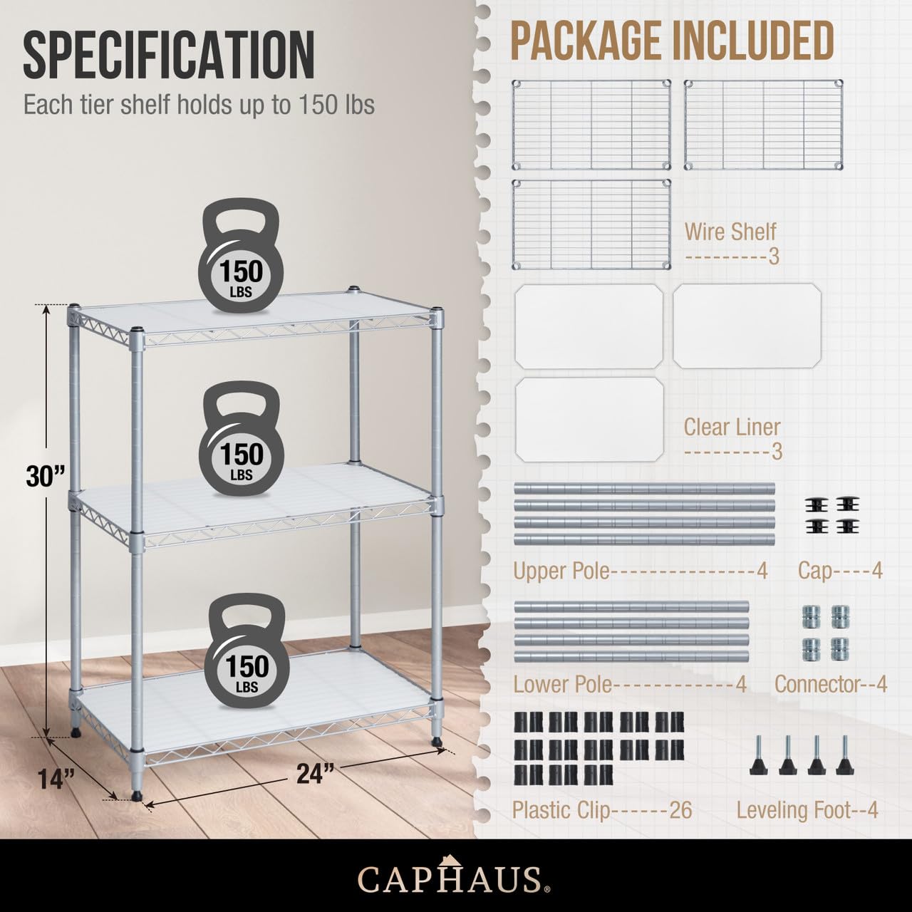 CAPHAUS NSF Adjustable Shelves Metal Wire Shelving Unit w/Liners, Kitchen Storage Shelving, Metal Steel Storage Shelving, Garage Shelving Storage Organizer, Utility Shelf, 3-Tier No Wheels, Silver