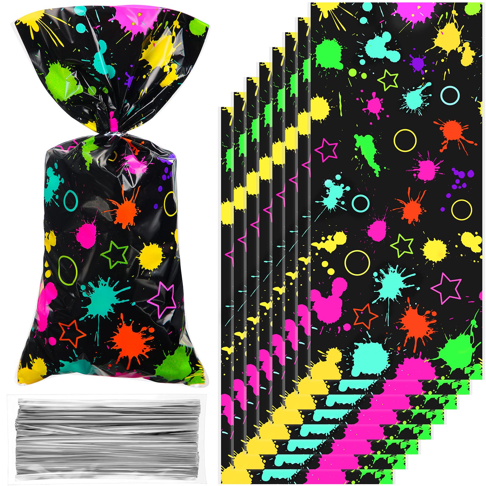 Epakh 100 Pack Neon Candy Bags Goodie Bags Plastic Colorful Treat Bags Glow in the Dark Party Supplies Favor Bags Neon Gift Wrap Bags with Silver Twist Ties for Glow Birthday Party Decor