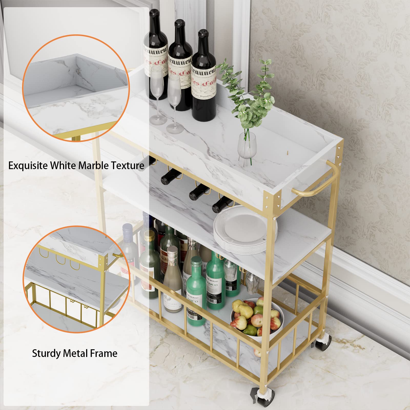 Azheruol Bar Cart White Marble 3 Tiers Removable Storage Tray with Wine Rack & Wine Glasses Holder,Rolling Beverage Cart,Mobile with Handle, Wood & Gold Steels Home Kitchen Shelf for Party