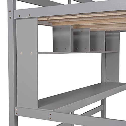GLORHOME Twin High Loft Bed with Under-Bed Desk & 2-Tier Storage Shelves Ladder Safety Guard Rails, Space Saving Bedroom Furniture for Teens Adults