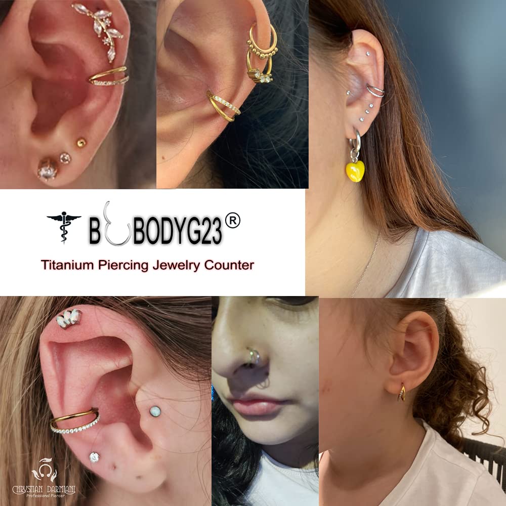 BCBODYG23 Titanium Daith Earring Hoop Solid G23 Cartilage Tragus Helix Rings 16G 2 Rows Apart Nose Ring Conch Piercing Jewelry, 8 mm, Titanium, artificial cubic zirconia