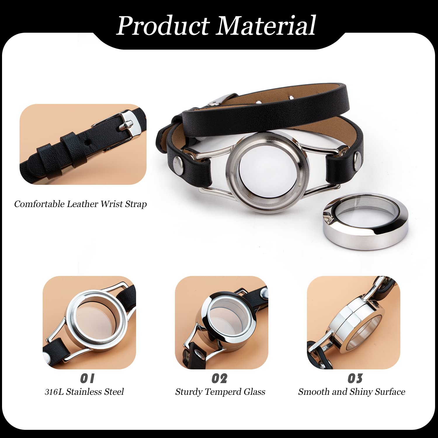 Africanbeads 316L Stainless Steel Memory Floating Locket Bracelet with 3 Pearls,fit 6-7mm Freshwater Pearls or Gems,Colorful Leather Charm Bangles for Women(Black)