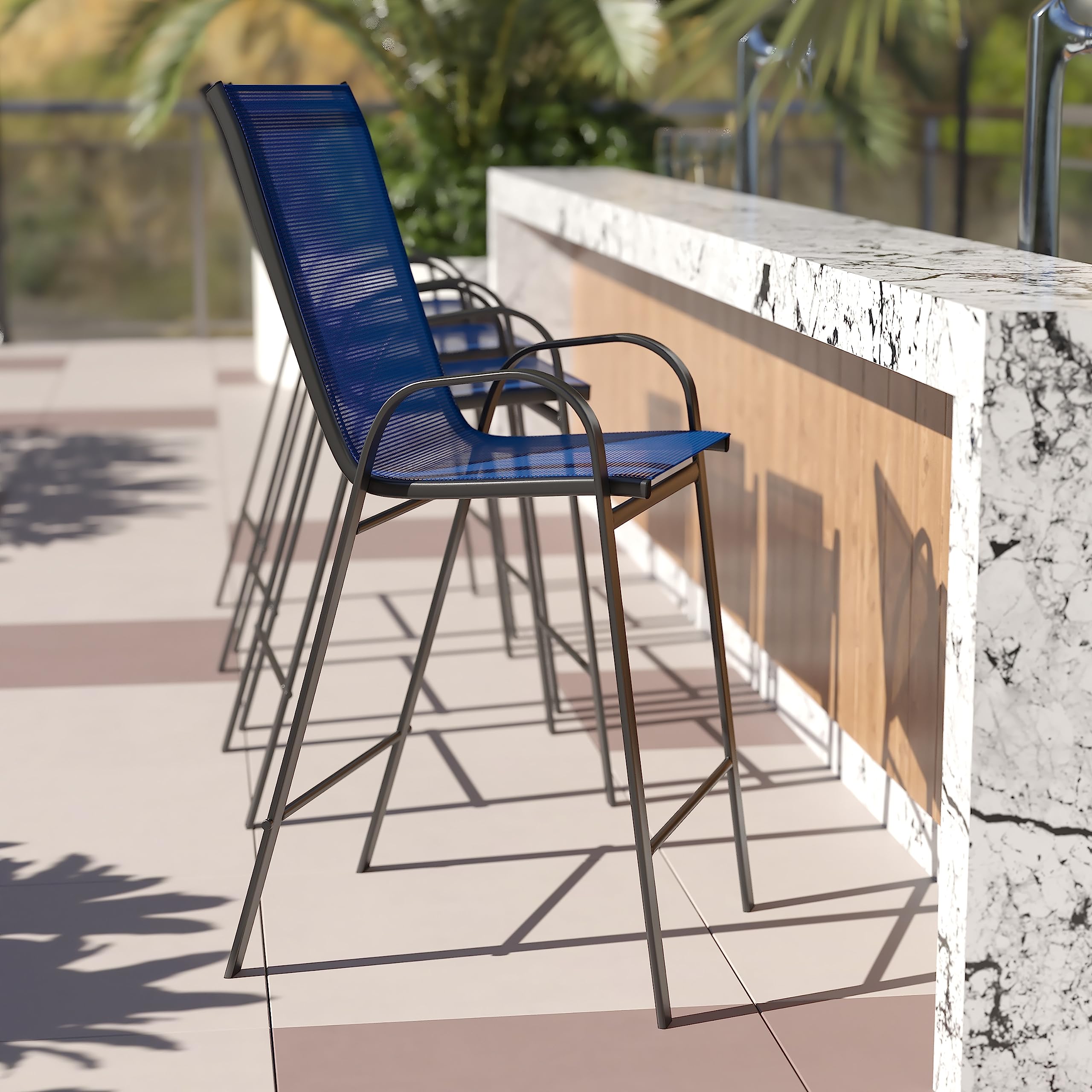 Flash Furniture 4 Pack Brazos Series Navy Outdoor Barstools with Flex Comfort Material and Metal Frame