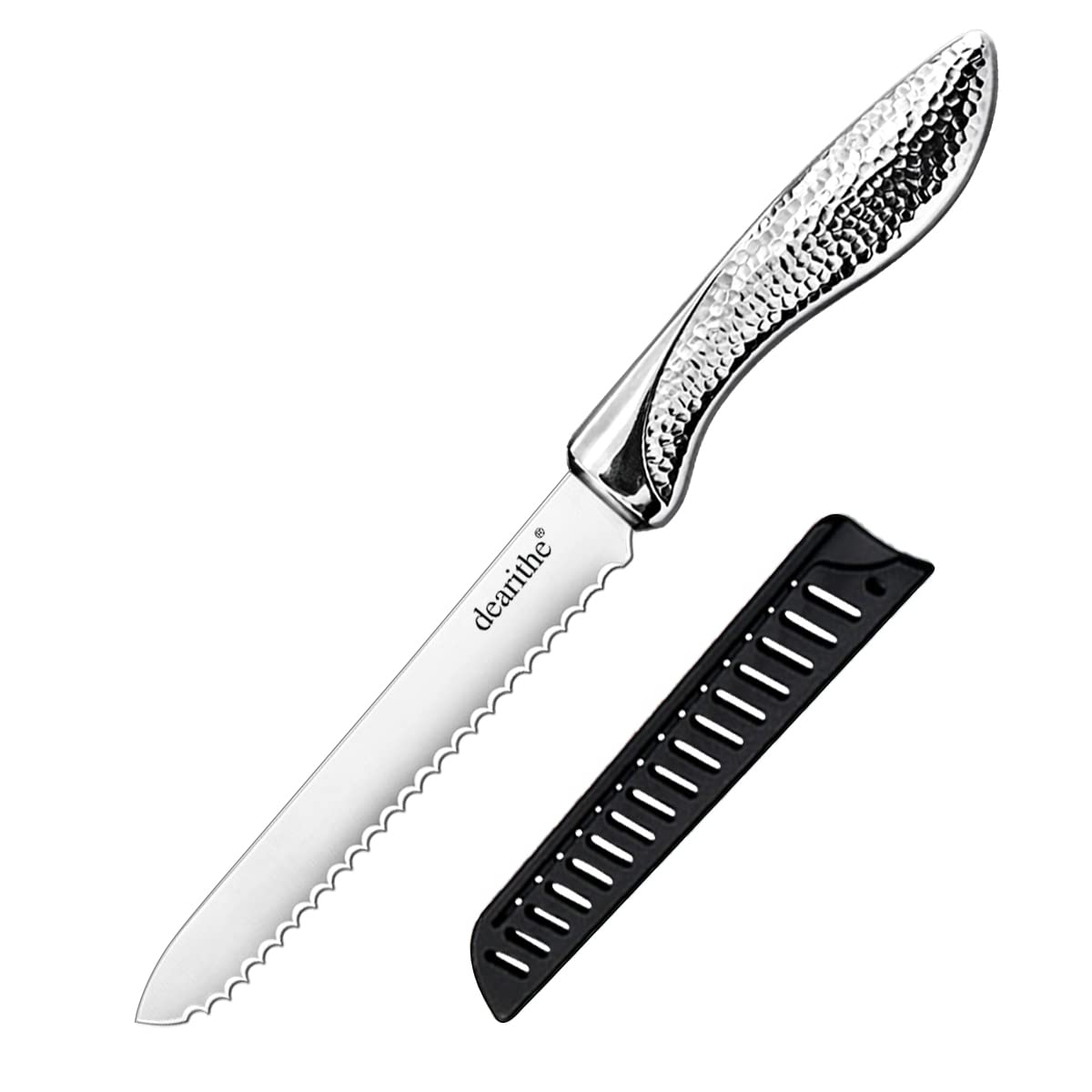 dearithe Serrated Utility Knife 6.5 Inch,High Carbon Stainless Steel Kitchen Knife with sheath, For Slicing Tomatoes or Crusty Bread, Dishwasher safe